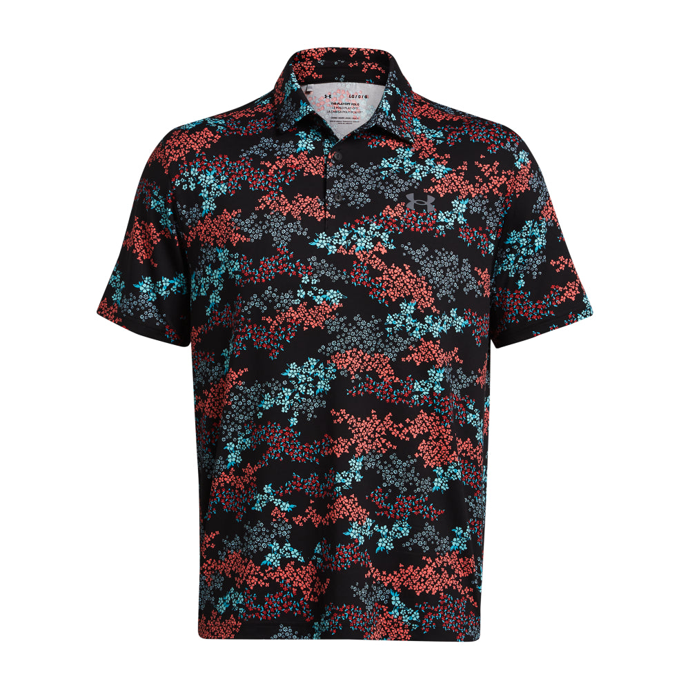 Under Armour Playoff 3.0 Printed Golf Polo Shirt - Black/Hydro Teal ...